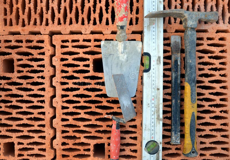 Masonry Tools on a Red Brick. Stock Image - Image of home, brickwork ...