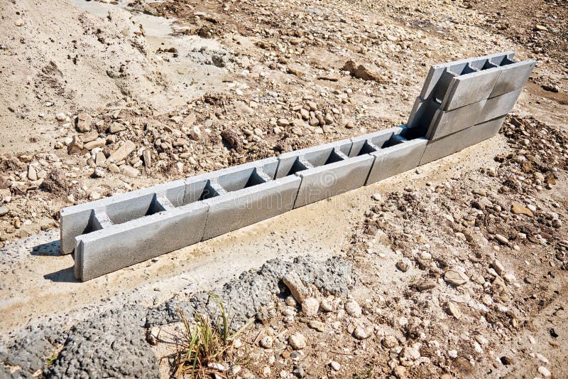 Masonry of a Wall of Concrete Blocks on a Construction Site. Selective ...
