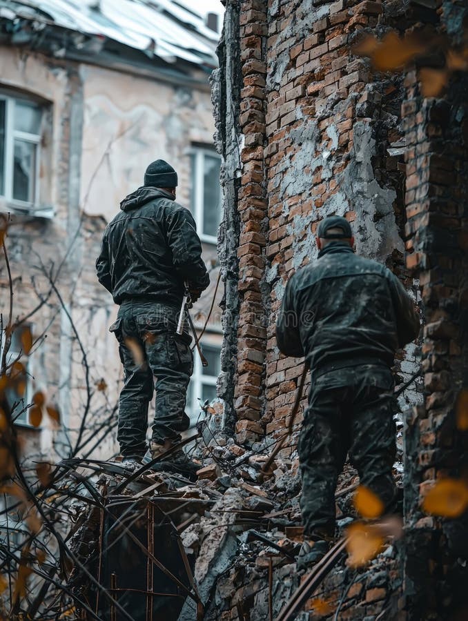 Masonry Workers Rebuilding a Brick Wall that Collapsed after a N Stock ...