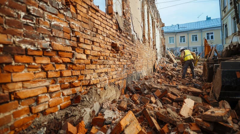 Masonry Workers Rebuilding a Brick Wall that Collapsed after a Natural ...