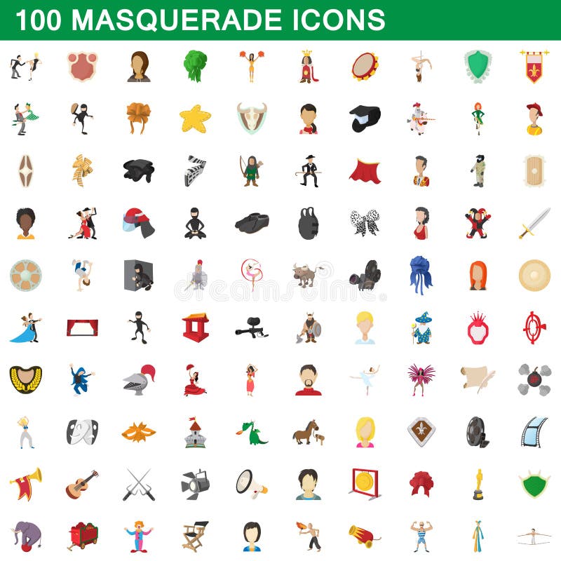 100 Masquerade Icons Set, Cartoon Style Stock Vector - Illustration of ...