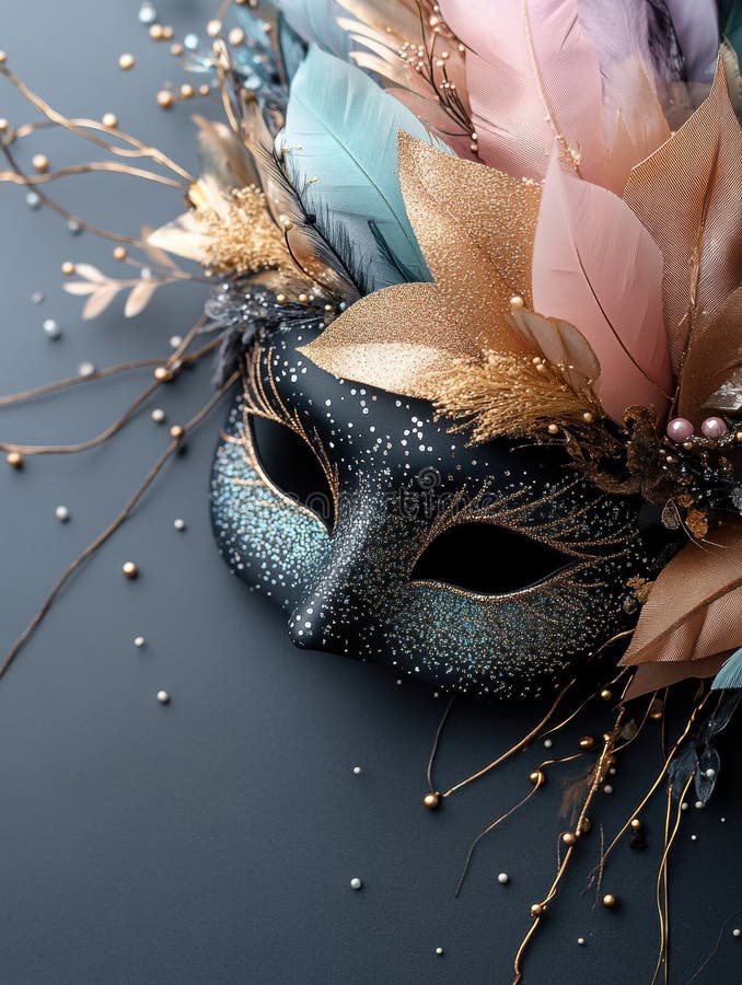Masquerade Style Mask with Feathers on Black Stock Photo - Image of ...