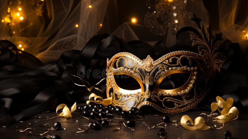 Masquerade Mask on a Table Surrounded by Black and Gold Decorations ...