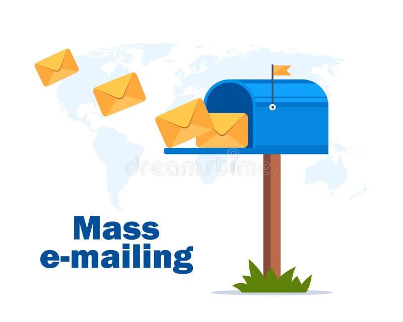 Mass E-mailing Concept Illustration with Envelopes Flying To Blue Post ...