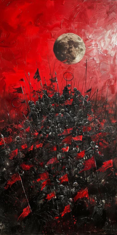 Chaos Unfolds Under a Blood-red Moon As a Sea of Figures Brandishing ...