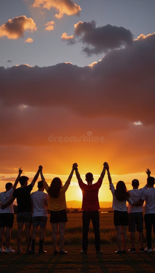 A Mass Gathering Under the Setting Sun with Hands Linked and Arms ...
