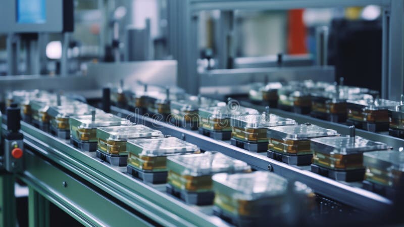 Mass Production Assembly Line of Battery Cells Close-up View Stock ...