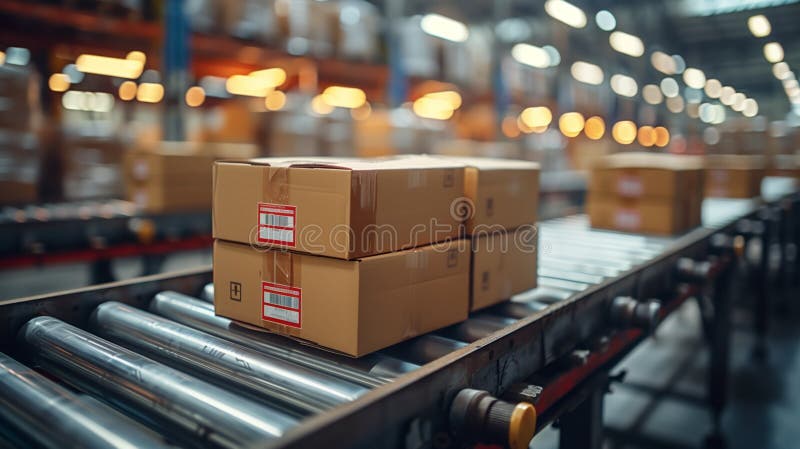 Mass Production of Cardboard Boxes on Conveyor Belt in Warehouse Stock ...
