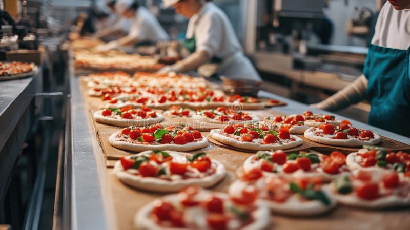 Mass Production of Fresh Pizzas in Industrial Kitchen Setting Stock ...