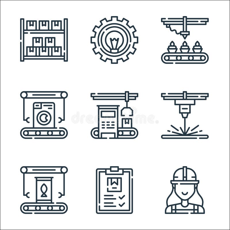 Mass Production Line Icons Linear Set Quality Vector Line Set Such As Worker Clipboard Food