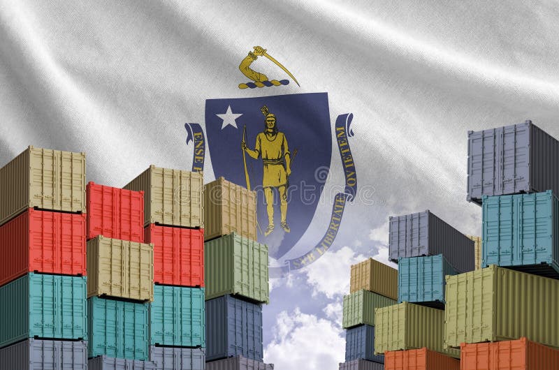 Massachusetts US State Flag and Big Stack of Shipping Cargo Containers ...