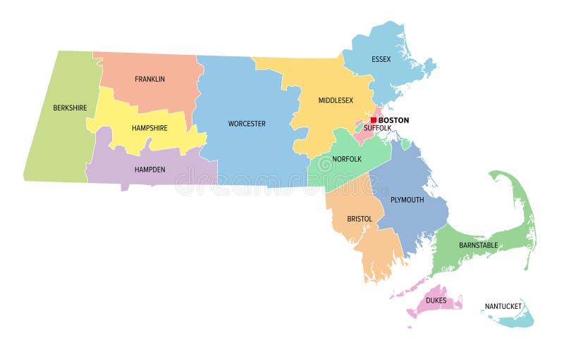 Massachusetts, U.S. State, Subdivided into 14 Counties, Multi Colored ...