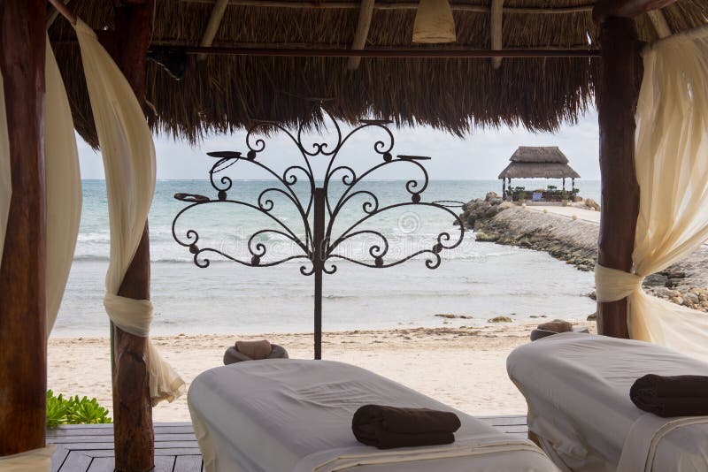 Massage Booth on the Beach stock image. Image of luxury - 149336797
