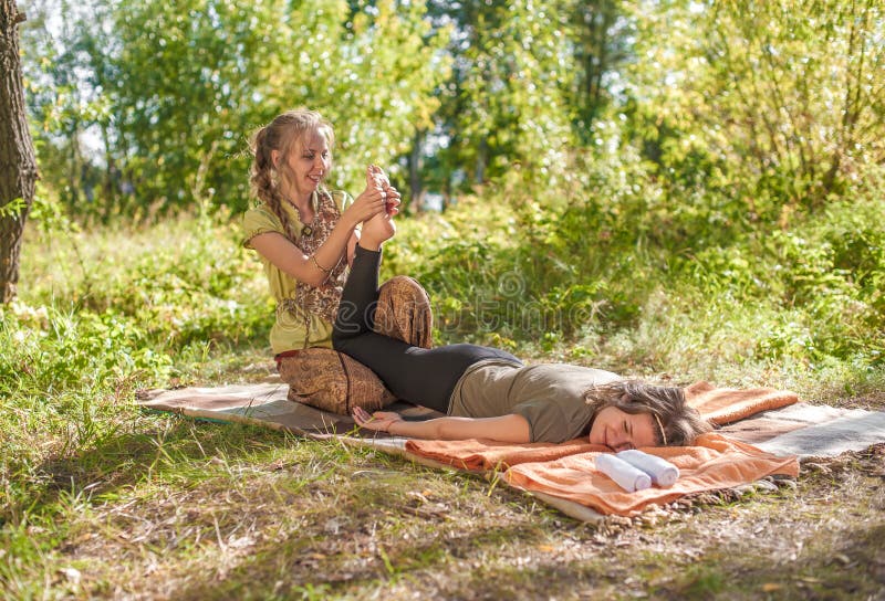 Massage Girl Performs A Relaxing Massage In The Forest Stock Image Image Of Masseuse Beauty 8368