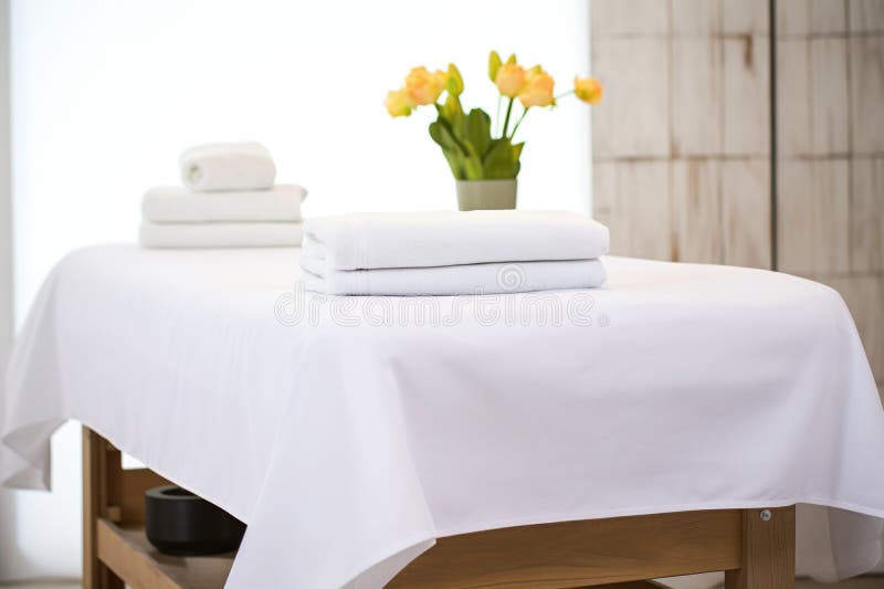 A Massage Table Covered In A Clean White Sheet With Folded Towels On Top Stock Image Image Of