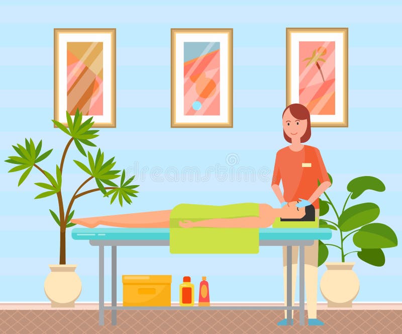 Masseur Massaging Face Of Female Patient Therapist Gives Massage To