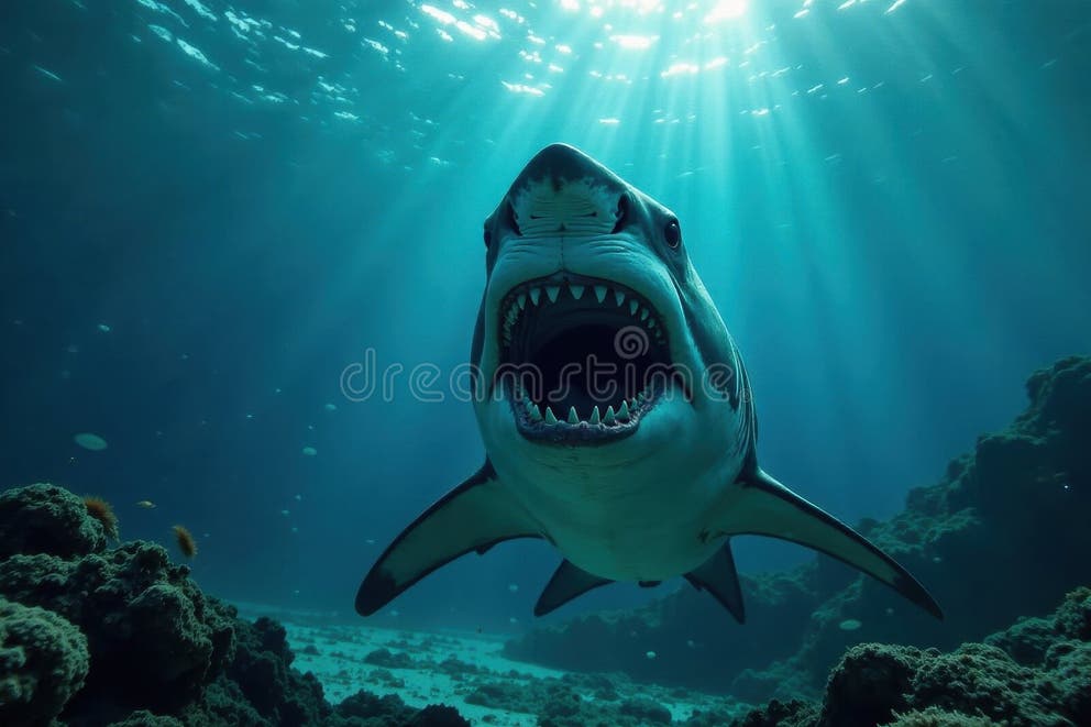 Massive, Aggressive Shark, Jaws Open, Underwater, Great White Shark ...