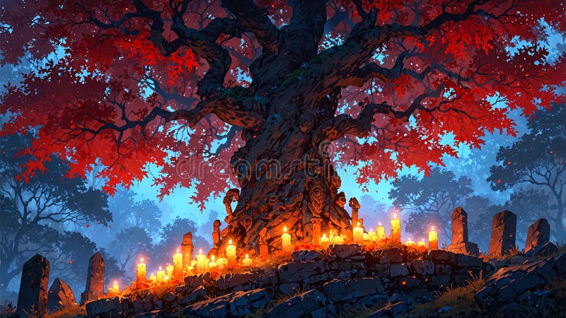 A Massive, Ancient Tree with Vibrant Red Foliage, Dominating a Misty ...