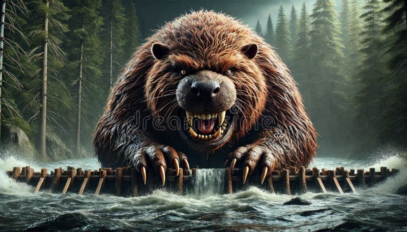 Massive Angry Beaver Portrait on a Dam in the Middle of a River with ...