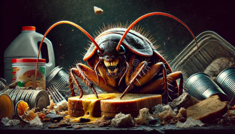Massive Angry Cockroach Sitting on Bread among Trash with Dramatic ...