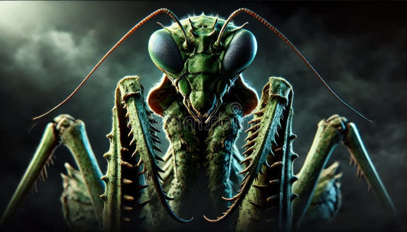 Massive Angry Praying Mantis Portrait with Dramatic Lighting and Fierce ...