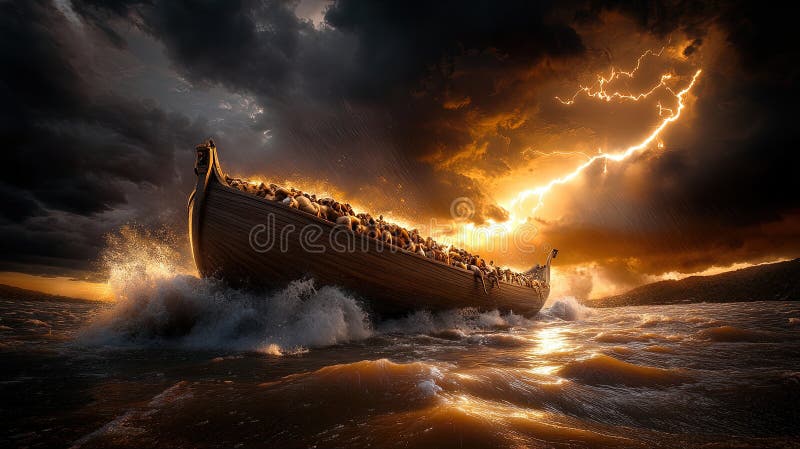 A Massive Ark Battles Stormy Waves Under Dramatic Skies, Illuminated by ...