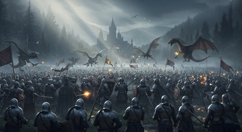 Epic Medieval Battle Scene with Dragons Soaring Above the Army Stock ...