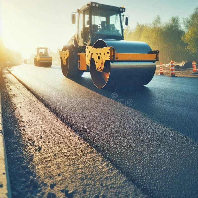 An Asphalt Roller Working on the Road Construction Paving New Road ...