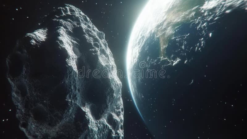 Massive Asteroid Approaching Earth Seen in Space with Stars Illuminated ...