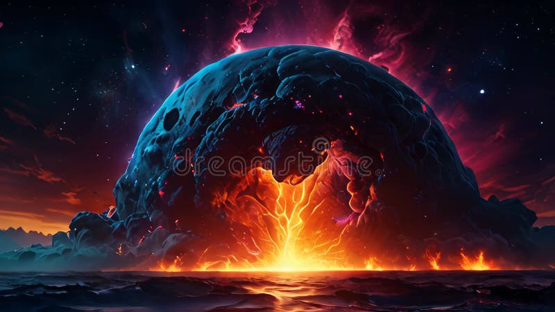 Giant Asteroid Exploding with Fire and Lava Over the Ocean at Night ...