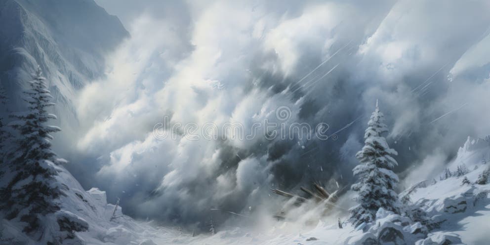 A Massive Avalanche Rolling Down the Mountain Rushing through and ...