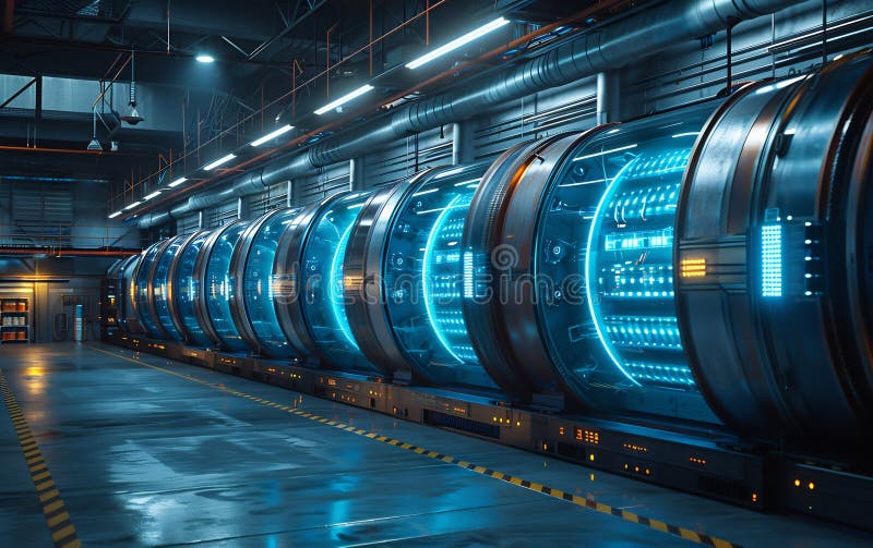 Massive Battery Array in Desert Warehouse: Glowing Blue Cores Stock ...