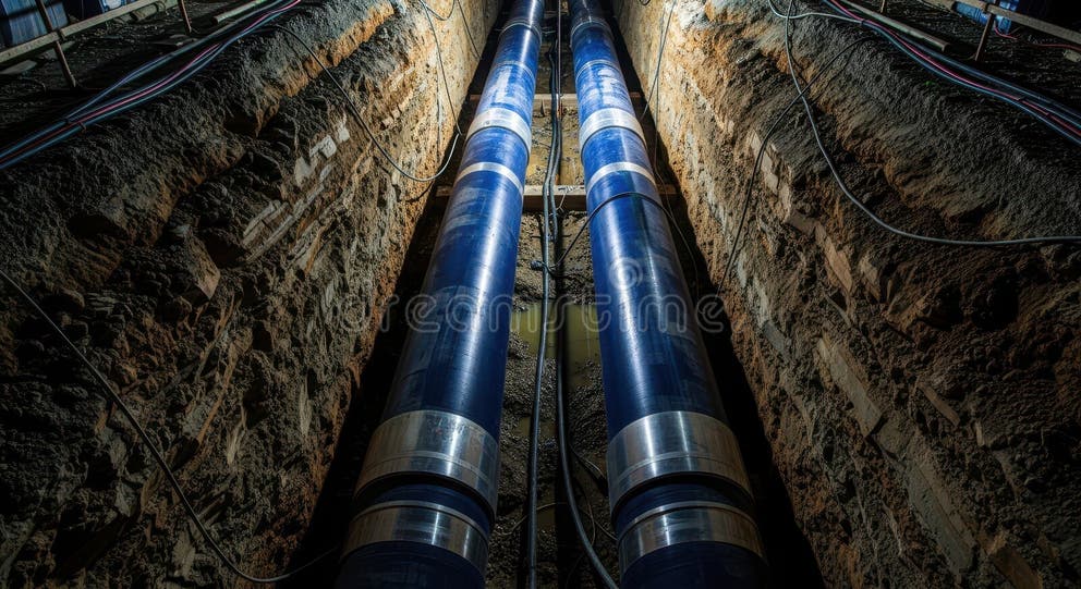 Massive Blue Pipes Laid in Deep Underground Trench for Infrastructure ...