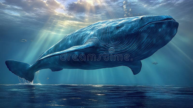 A Massive Blue Whale Gracefully Rises from the Depths, Illuminated by ...