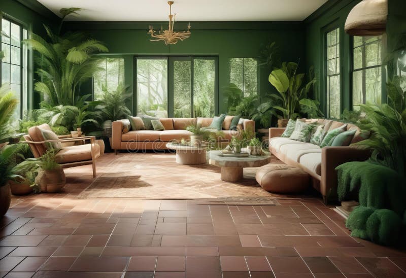 A Massive Boho Maximalist Living Room with Lush Plant Decor Stock ...