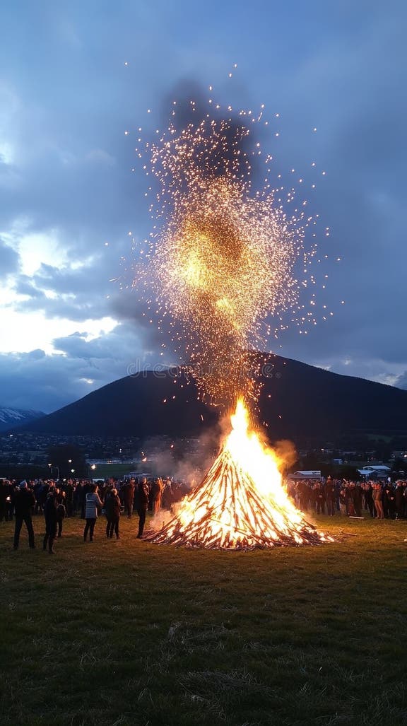 Massive Bonfire with Fireworks Display at Night Stock Illustration ...
