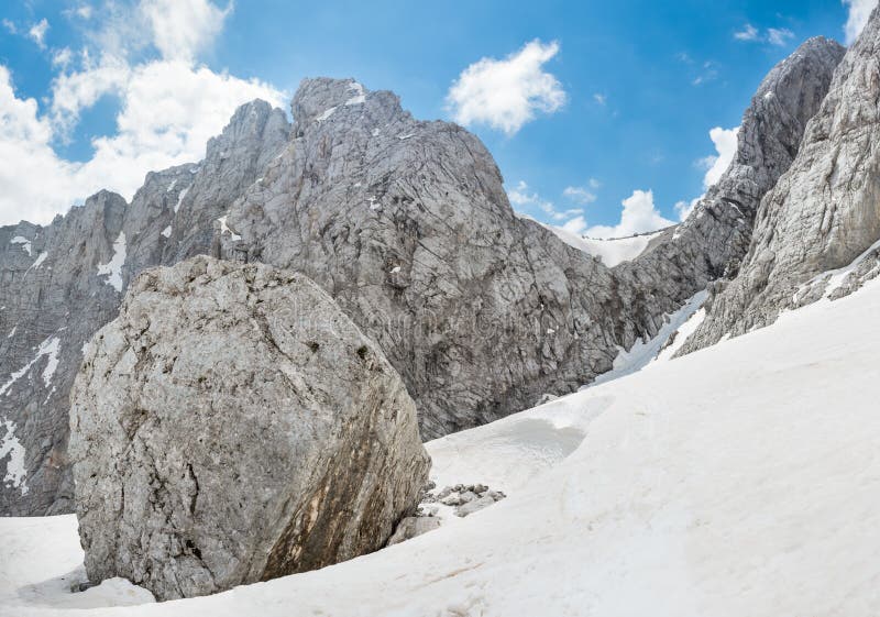 Massive Boulder on Mountain Slope Stock Image - Image of view, clouds ...