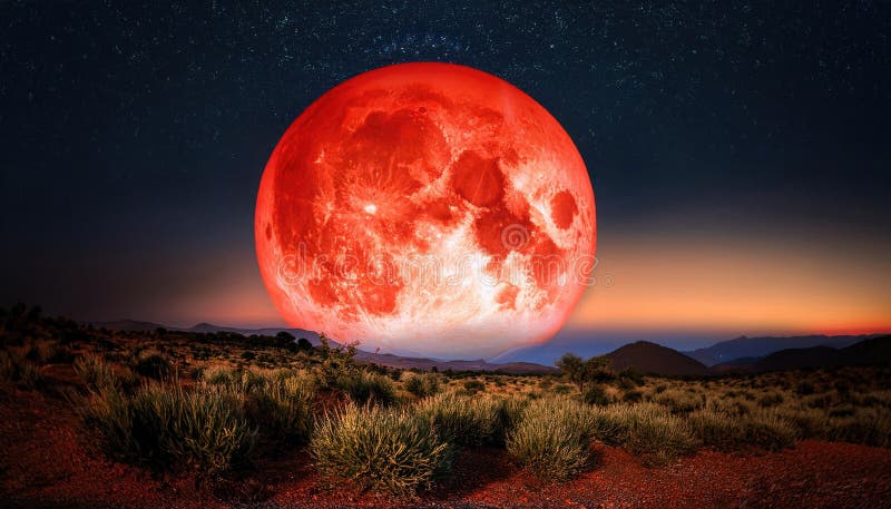 A Massive, Bright Red Moon Rising Over a Desert Landscape during ...