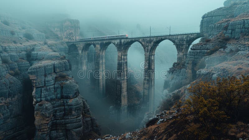 Massive Brutalist Train Bridge Spanning Deep Gorge with Passing Train ...