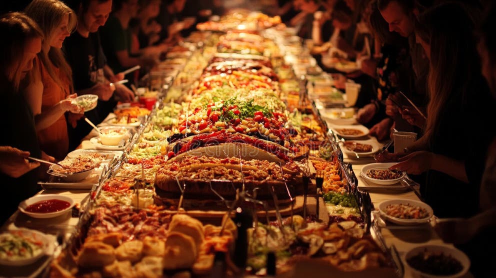 Massive Buffet Table with People Serving Themselves Stock Illustration ...