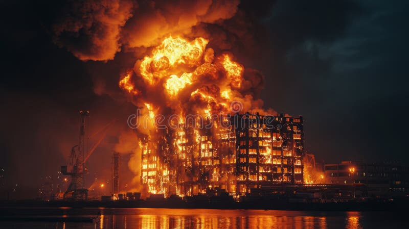 Building Engulfed in Flames, Firefighters Battling Blaze Amidst Smoke ...