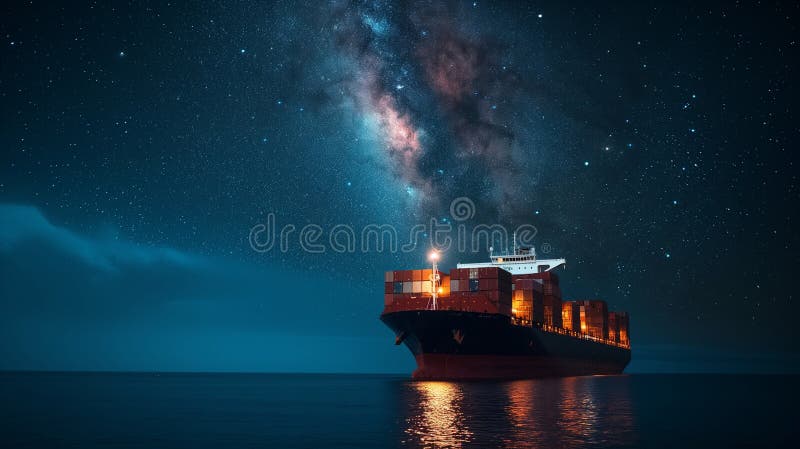 A Large Cargo Container Ship in the Middle of the Ocean at Night Stock ...