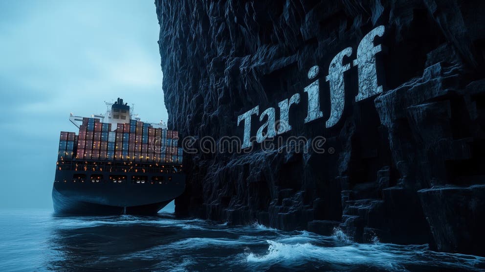 Massive Cargo Container Ship Near Cliff with Tariff Inscription Stock ...