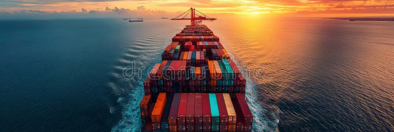 Massive Cargo Container Ship Sailing Toward the Setting Sun Across a ...