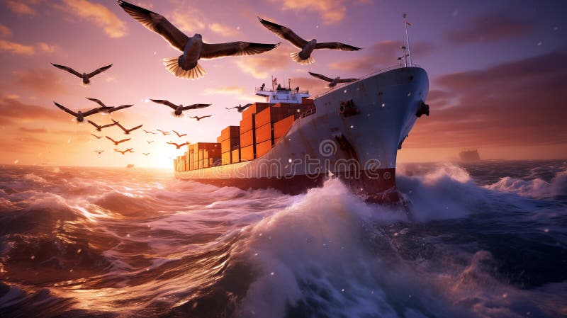 Massive Cargo Ship Amidst Flock of Seagulls at Sunset Stock ...