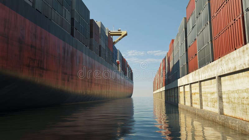 Massive Cargo Ship Loaded with Stacked Shipping Containers, Navigating ...