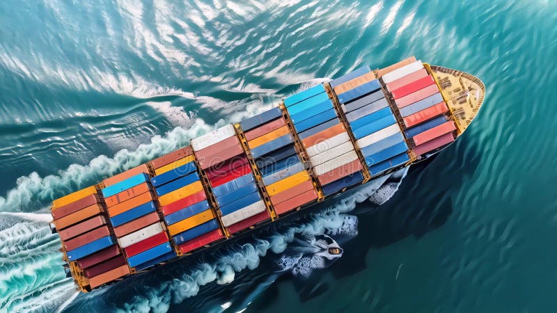 Massive Cargo Ship Navigating Blue Ocean, Carrying Multicolored ...