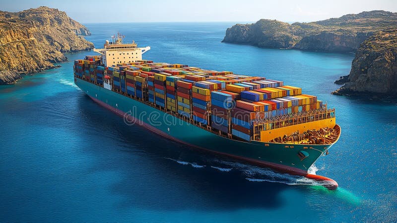 Massive Cargo Ship Navigating Clear Blue Waters between Rocky Cliffs ...