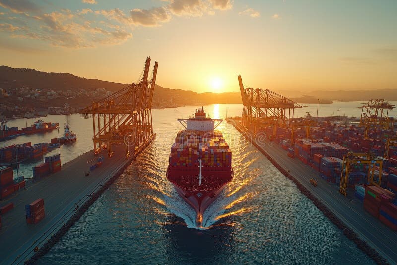 Massive Cargo Ship Sailing at Sunset with Vibrant Sky and Mountainous ...