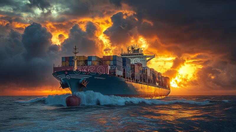 Massive Cargo Ship Navigating through Rough Seas at Sunset Stock ... Massive Cargo Ship Navigating through Rough Seas at Sunset Stock ...